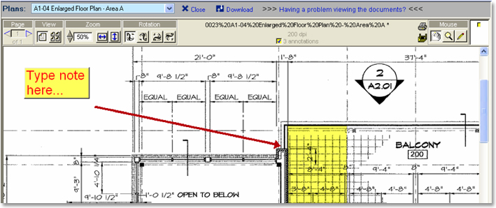 The iSqFt Plan Viewer software allows for placement of notes to ...